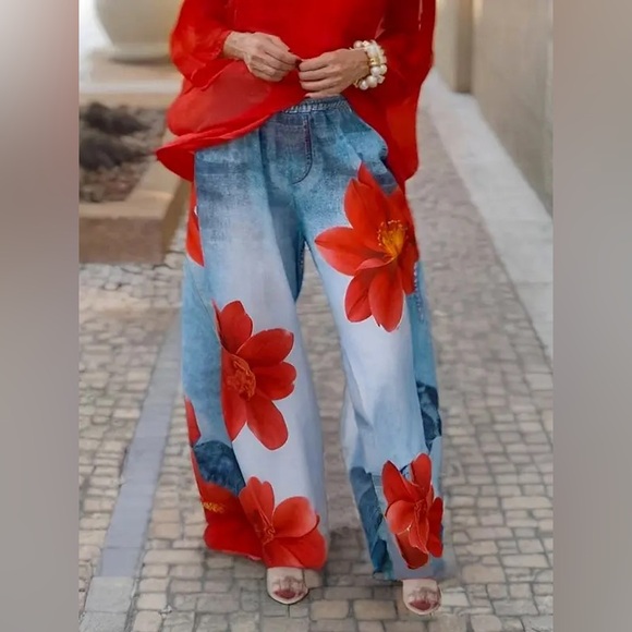 Passion of Essence | Pants & Jumpsuits | Red Floral Wideleg Denim Look ...
